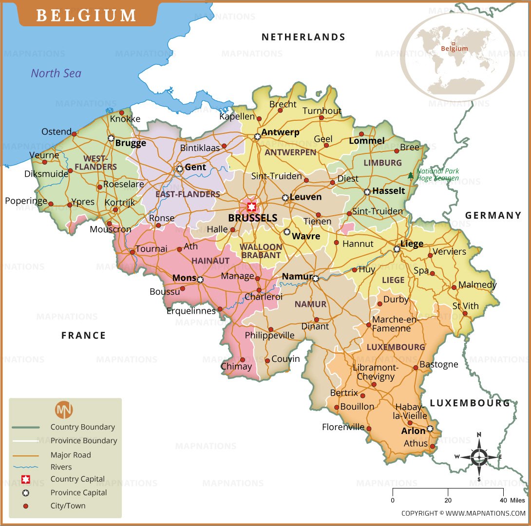 Map Of Belgium Showing Province Capital Cities Major Roads And