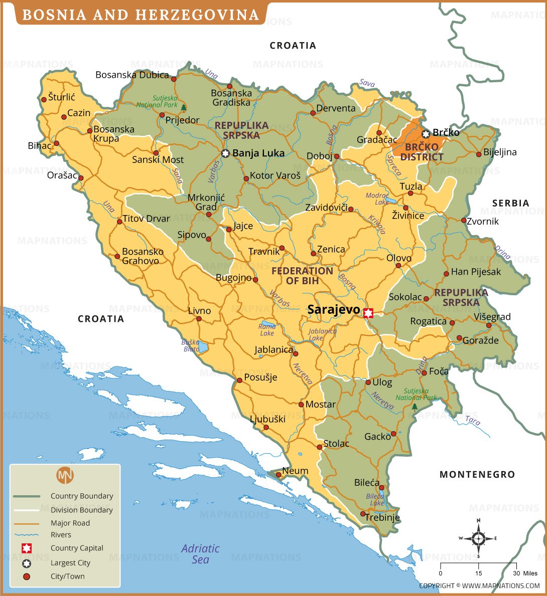 Bosnia And Herzegovina Map With Cities Rivers And Divisions Bosnia And Herzegovina Map With Cities Rivers And Divisions