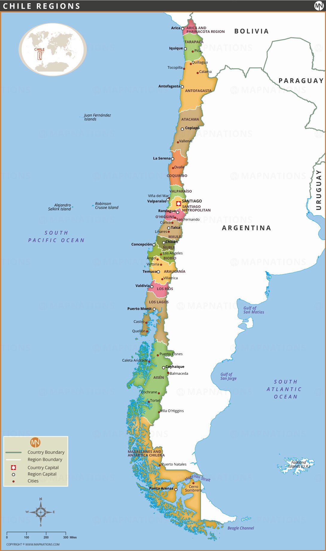 Chile Regions Map with Capitals and Boundaries