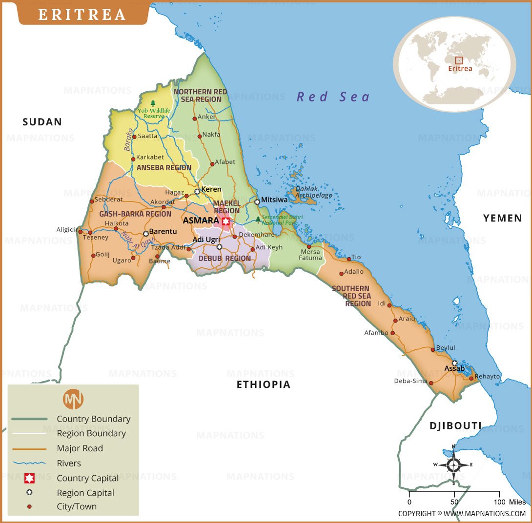 Eritrea Map with Regions, Capitals, Cities, Roads and Rivers