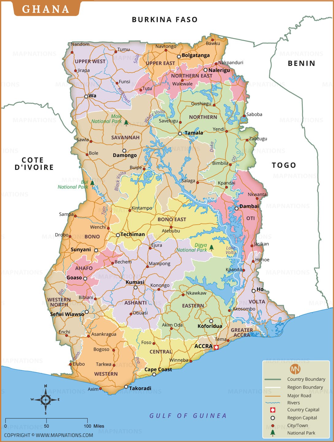 Map Of Ghana Showing Regions Region Capital Cities Roads And