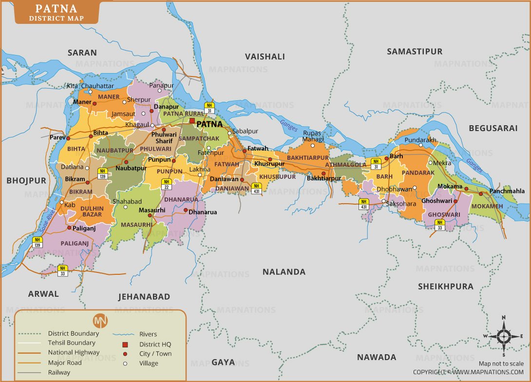 Patna District Map Bihar | Tehsil, Roads, Rivers & Boundaries