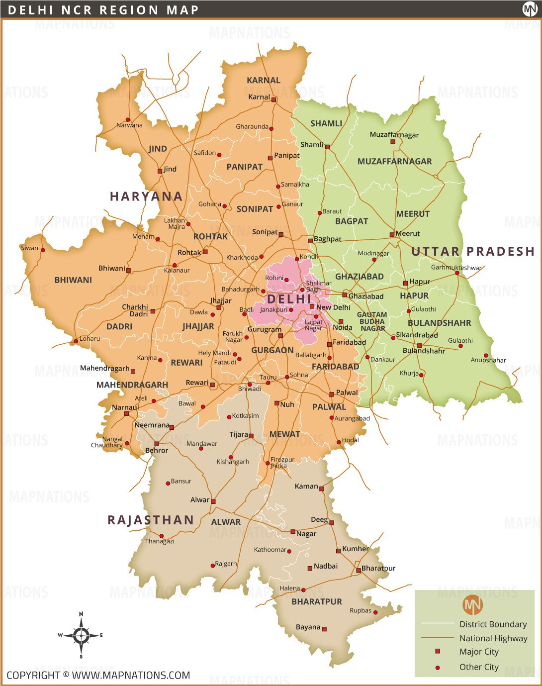 Delhi NCR Region Map – Districts, Cities & Highways of Delhi, Haryana, UP & Rajasthan
