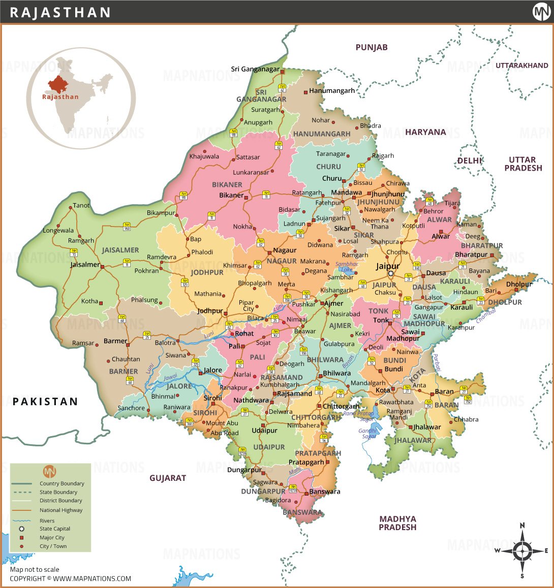 Rajasthan Map, India - National Highways, Cities, Major roads, Rivers ...