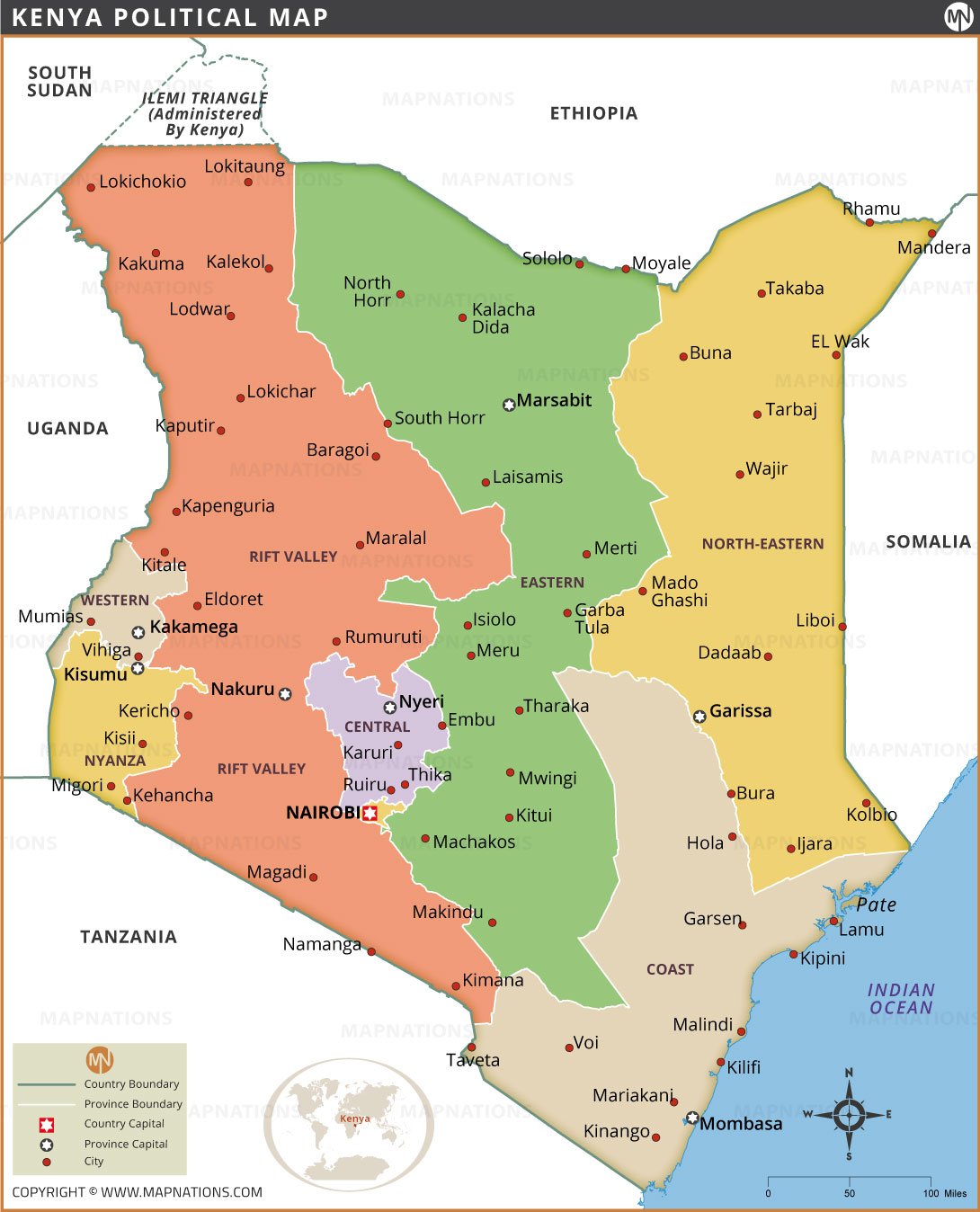 Political Map Of Kenya With Provinces Major Cities And Boundaries