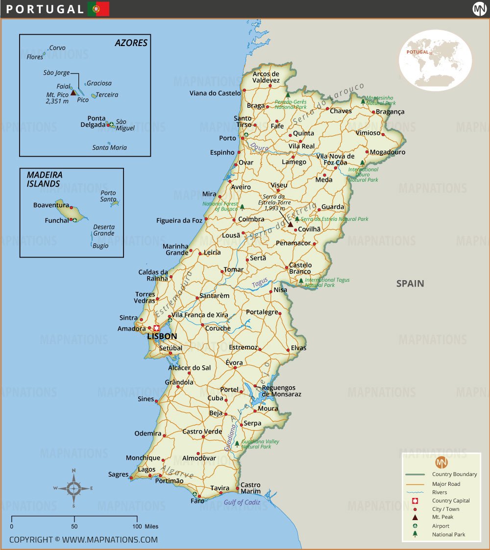 Map Of Portugal Showing Major Cities Roads Rivers And National Parks Map Of Portugal Showing Major Cities Roads Rivers And National Parks