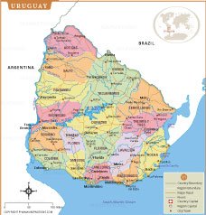 Uruguay Map with Departments, Capitals, Cities, Rivers and Roads