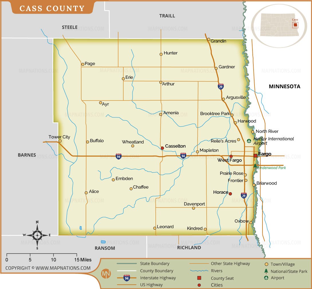Cass County Map, North Dakota – Cities, Highways, Rivers & Townships