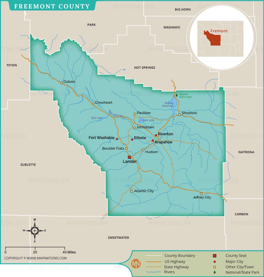 Fremont County Map, Wyoming – Cities, Rivers, Highways, and Boundaries.