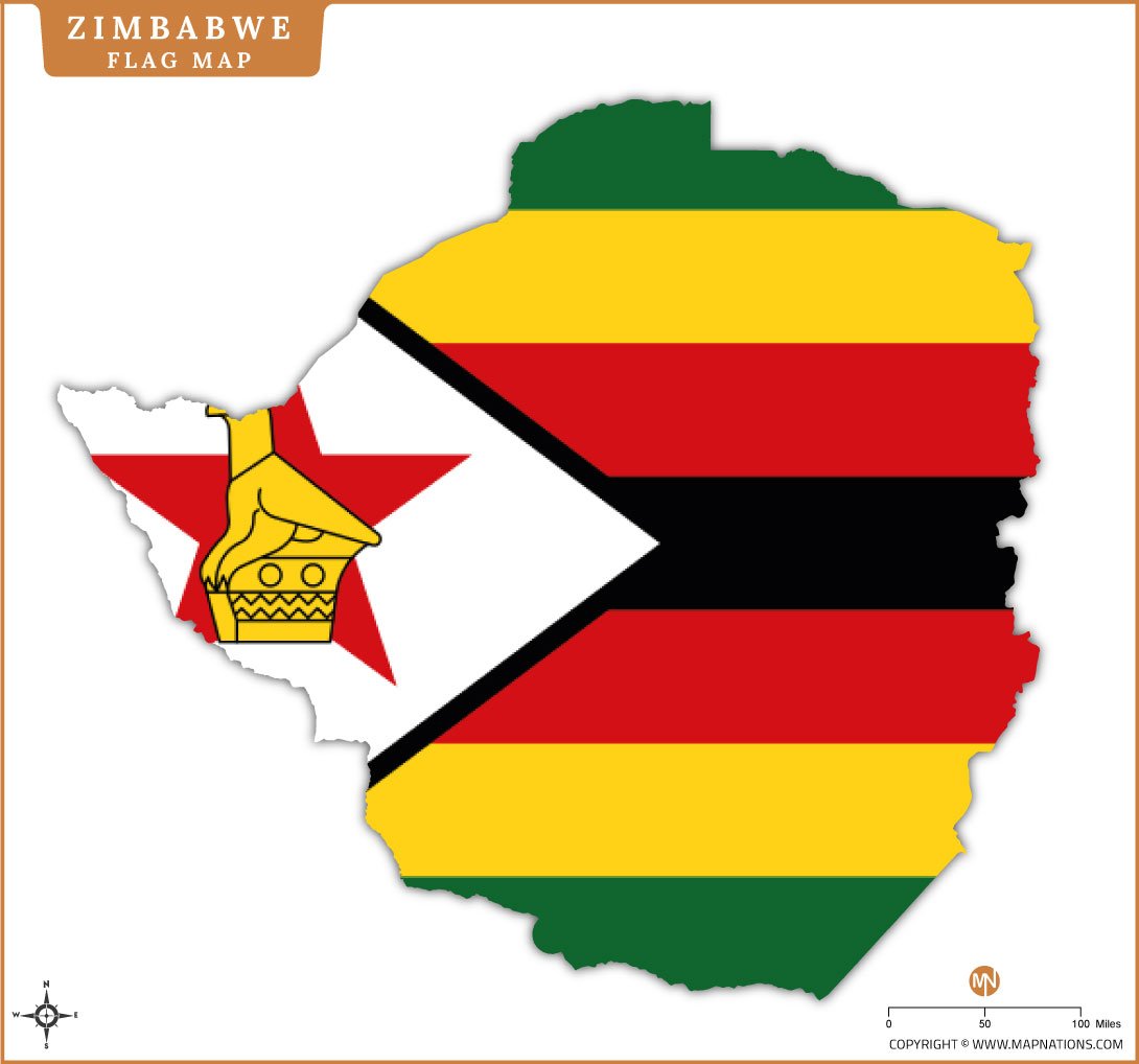 Zimbabwe Flag Map – Political Outline with National Flag Overlay ...
