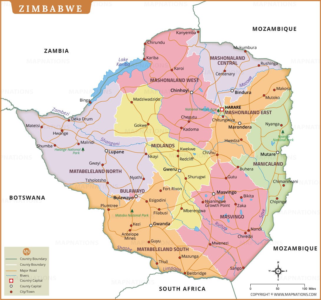 Zimbabwe Map with Provinces, Cities, Roads and Rivers